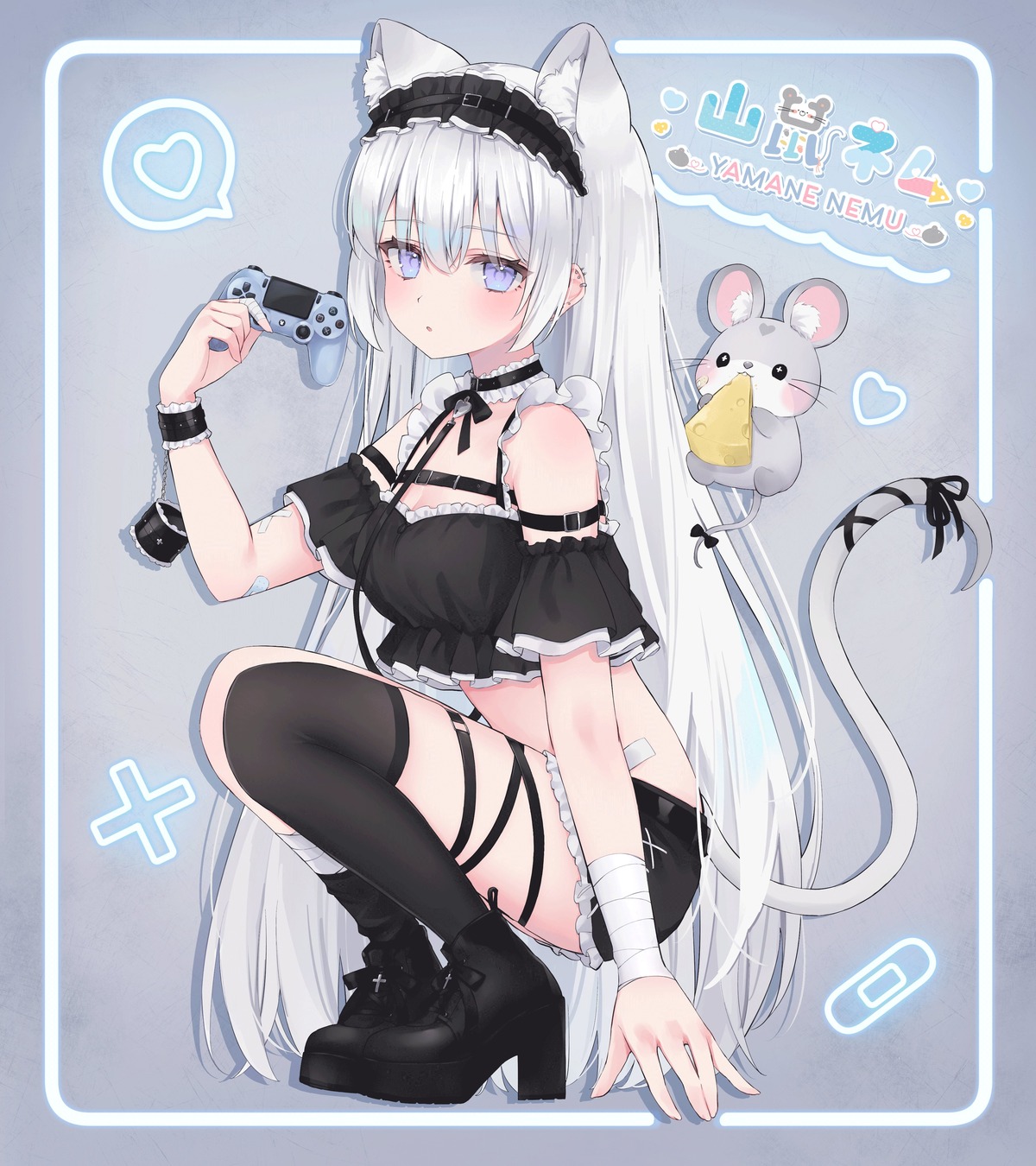 shano hiyori yamane nemu (vtuber) animal ears bandages bandaid garter heels nekomimi tail ...